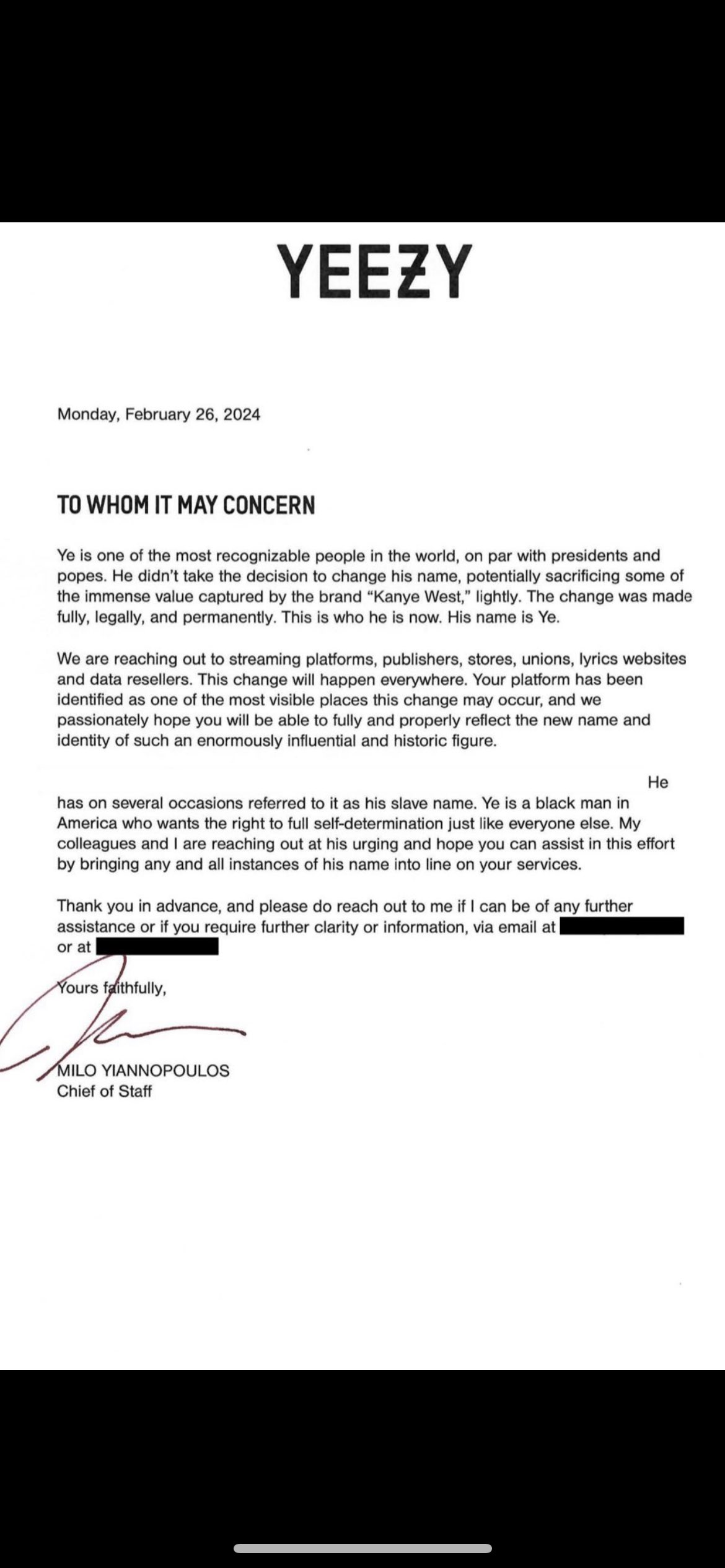 Ye's Manager Asks Outlet To Call Him By His Legal Name