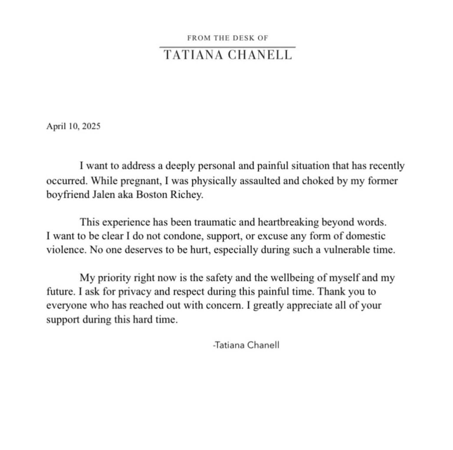 Tatiana Chanell's Statement on Recent Assault
